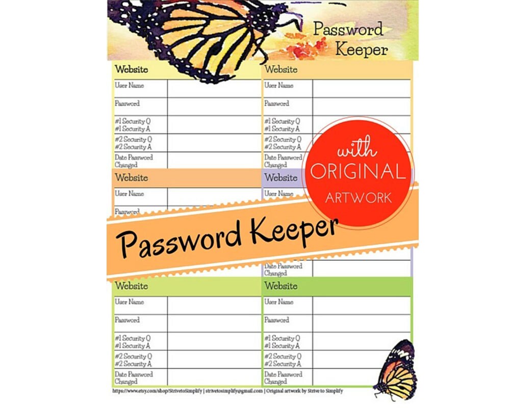 Password Keeper With Original Watercolor Art, Printable Password ...
