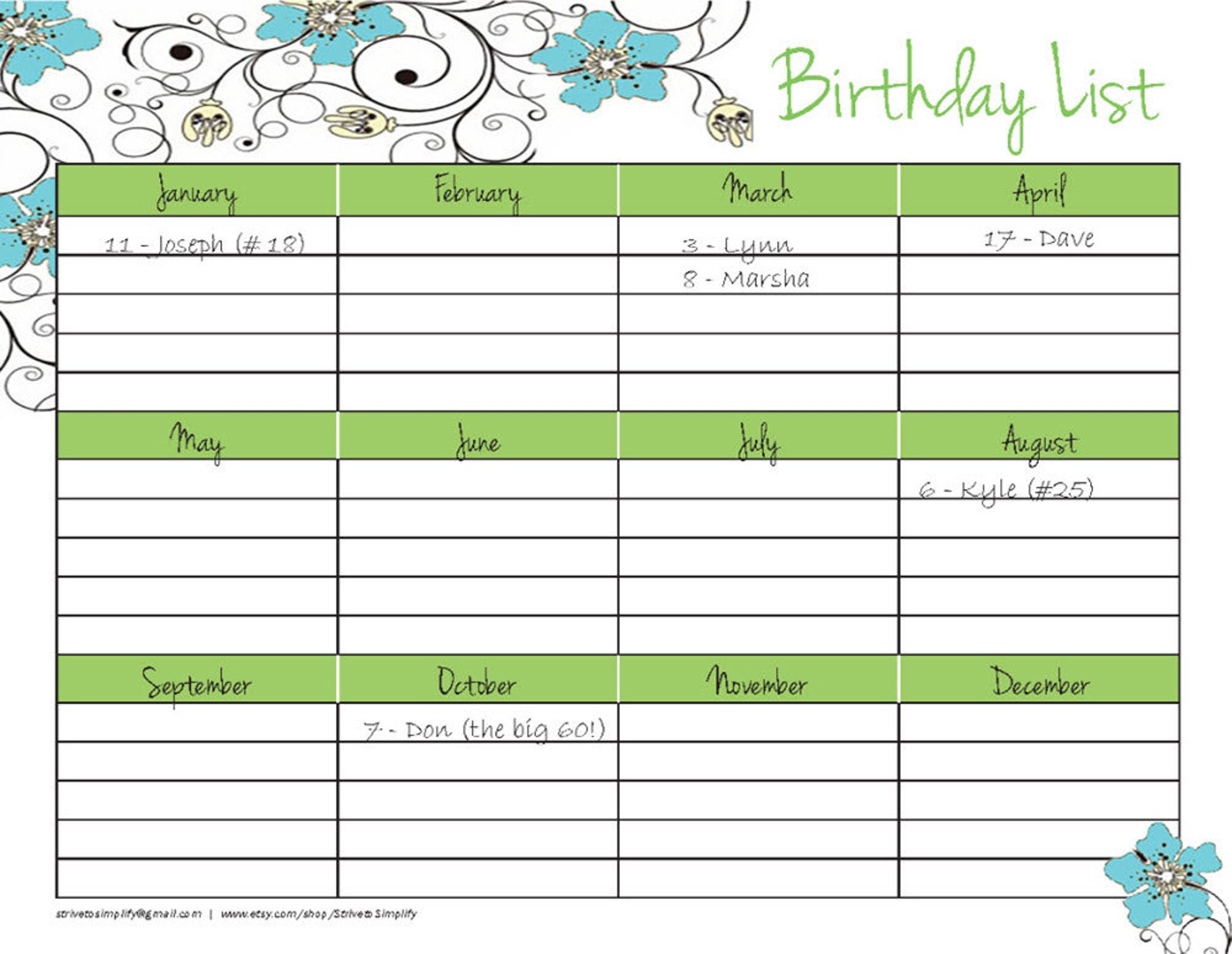 Set of 3 Birthday List Birthday Gift Log Special Occasion - Etsy