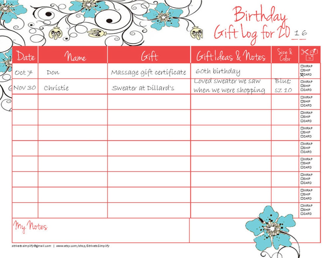 Set of 3 Birthday List Birthday Gift Log Special Occasion - Etsy