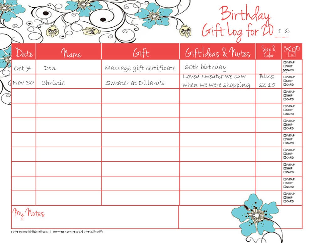 Set of 3 Birthday List, Birthday Gift Log, Special Occasion Gift ...