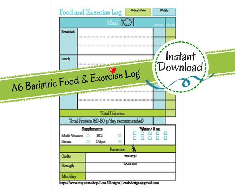 A6 Printable Planner Page Bariatric Surgery Daily Food Exercise Tracker ...