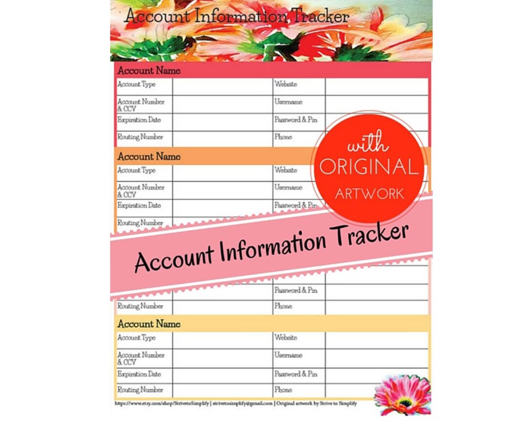 Account Information Tracker With Original Watercolor Art, Credit Card ...