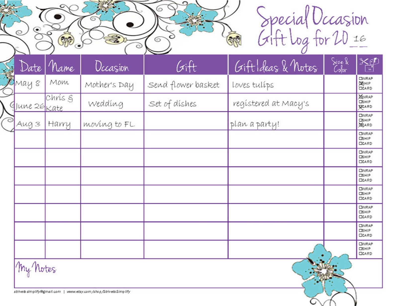 Set of 3 Birthday List, Birthday Gift Log, Special Occasion Gift ...