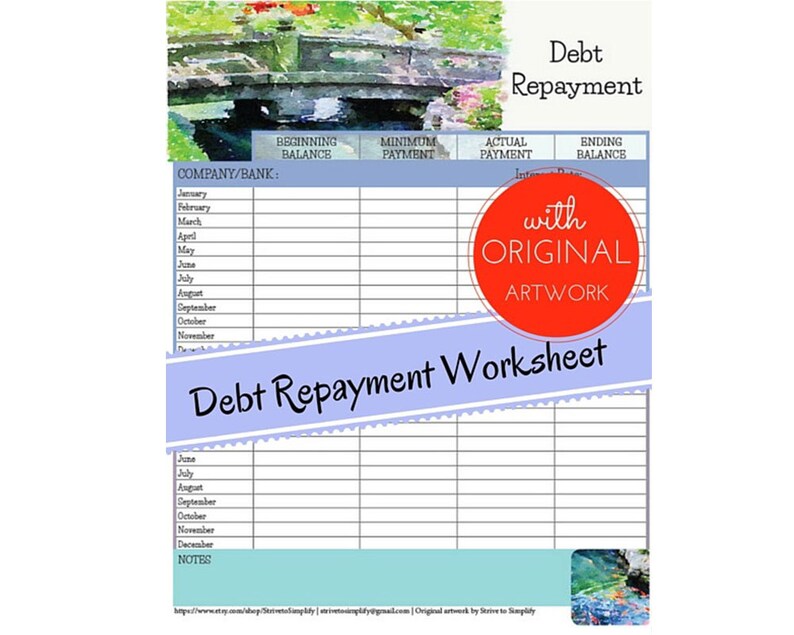 Debt Repayment Worksheet W/ Original Watercolor Art, Credit Card ...