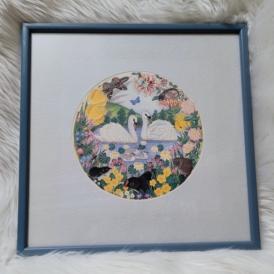 Vintage Pond, Lake, Forest Wildlife Animals Framed Watercolor Art Print ...