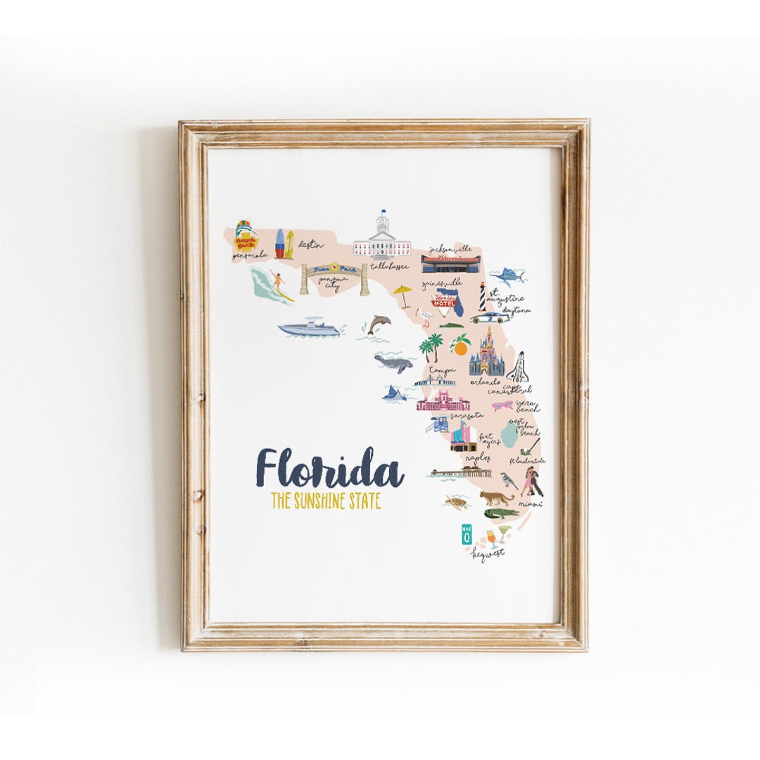State of Florida Illustrated Map Art Print - Hand Drawn Illustration - Etsy