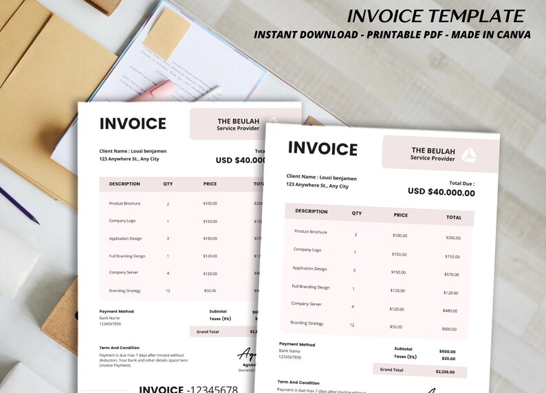 Pink and White Aesthetic Invoice Editable Template Custom - Etsy