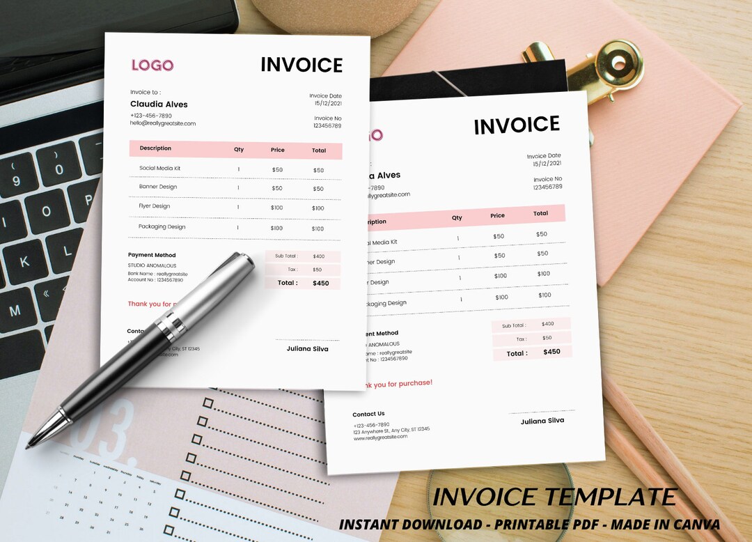 Pink and White Minimalist Invoice Editable Template, Custom Order Form ...