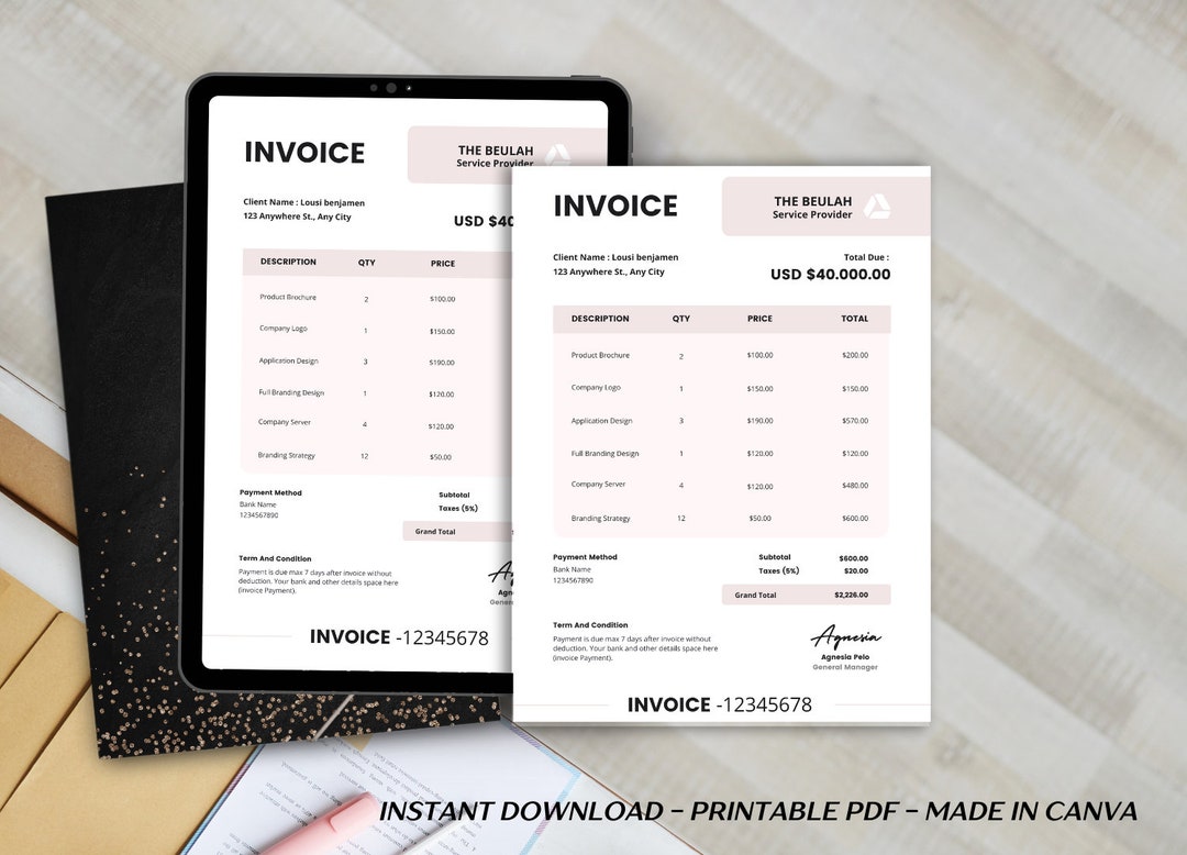 Pink and White Aesthetic Invoice Editable Template, Custom Order Form ...