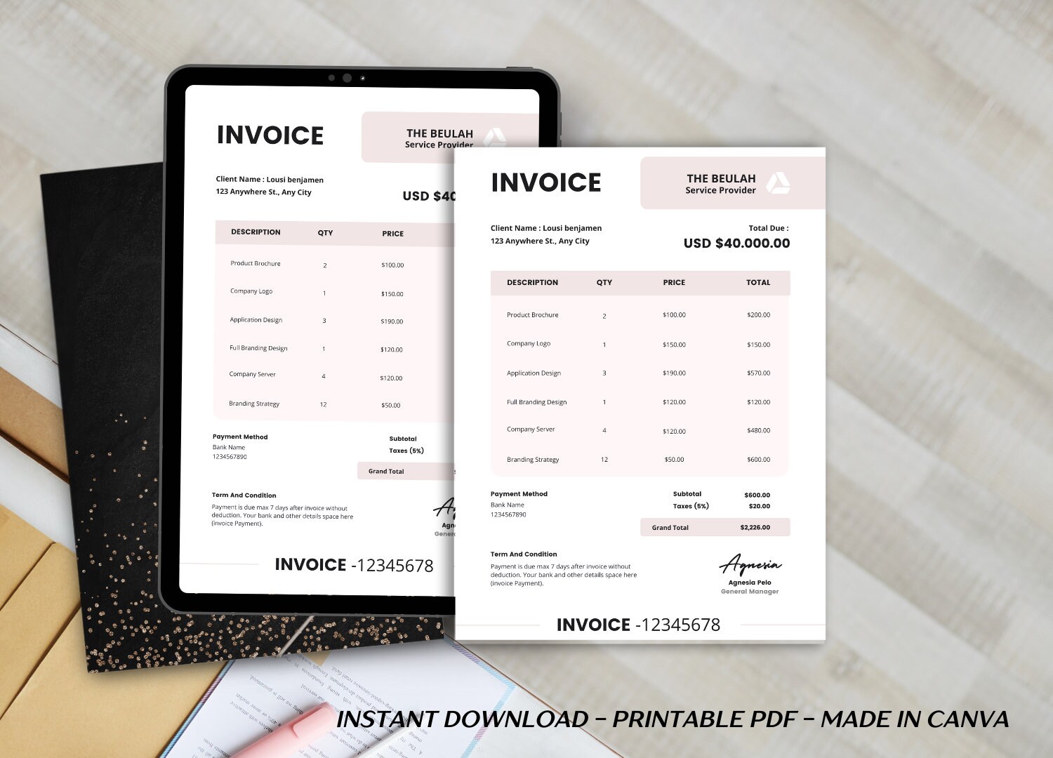 Pink and White Aesthetic Invoice Editable Template, Custom Order Form ...