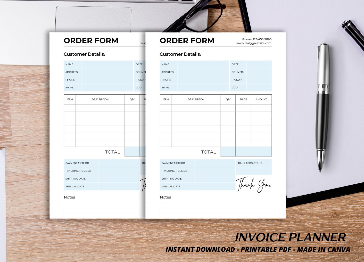 Sky Blue & White Minimalist Invoice Editable Template, Custom Order ...