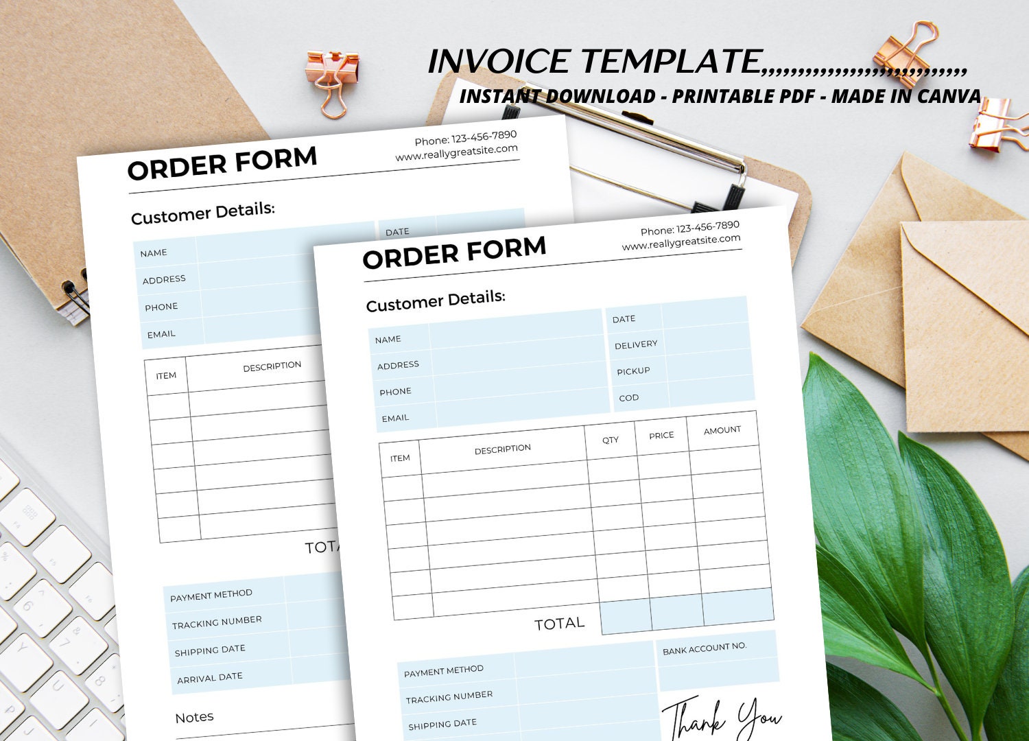 Sky Blue & White Minimalist Invoice Editable Template, Custom Order ...