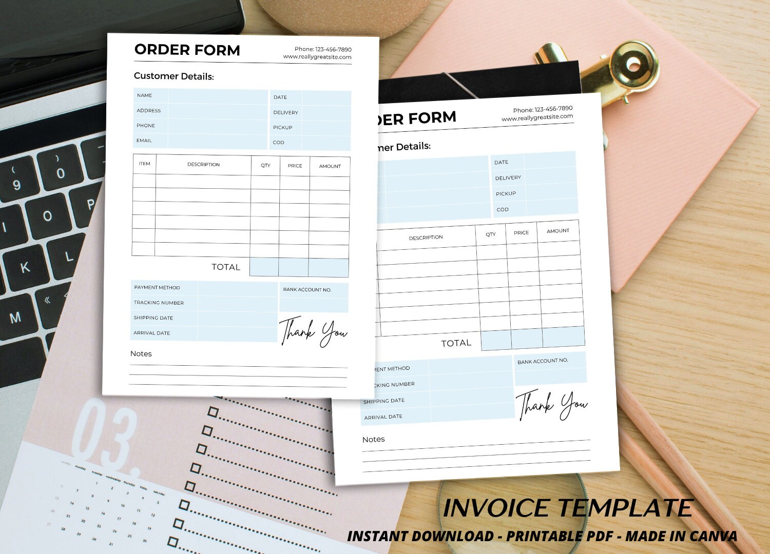 Sky Blue & White Minimalist Invoice Editable Template, Custom Order ...
