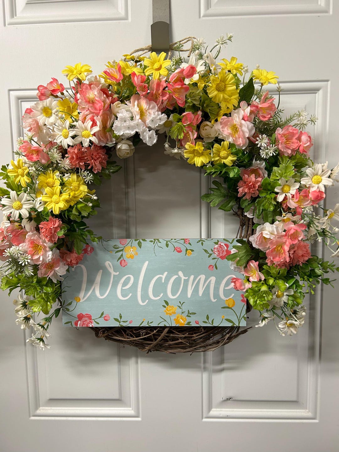 Spring Floral Wreath With Welcome Sign, Front Door Decor - Etsy