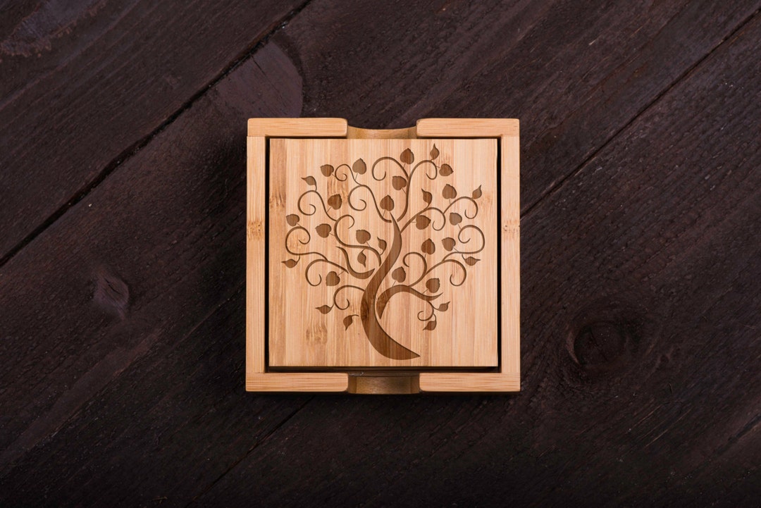 Wooden Coasters, Tree Wood Burned Coasters, Custom Bamboo Coaster Set ...