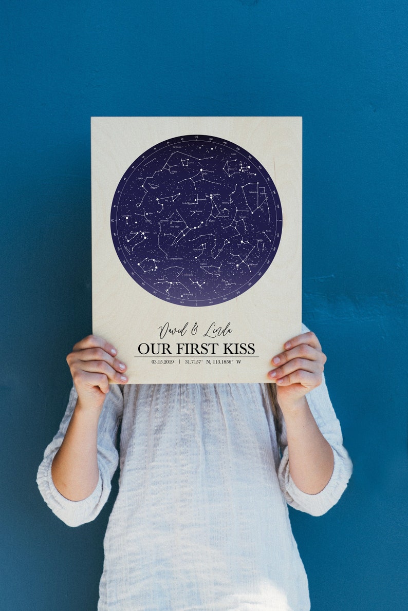 Star Map on Wood Our First Kiss Custom Night Sky Print | Etsy