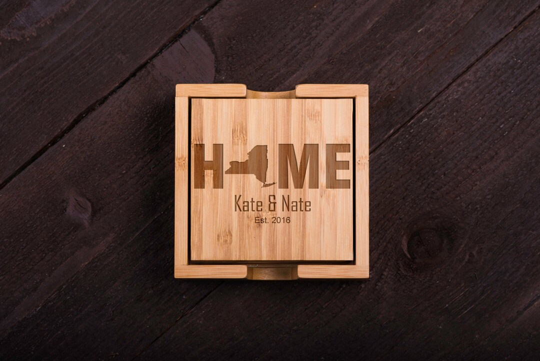 Personalized Coasters, Home New York, Wooden, Custom Bamboo Coaster Set ...