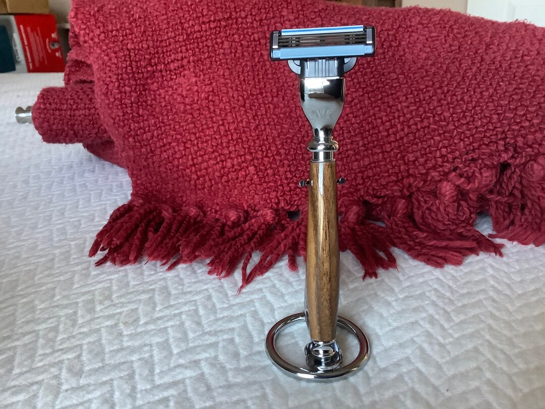 MACH3 Razor/ Hand Turned Wooden Handle/ 1 Blade & Chrome Stand Included ...