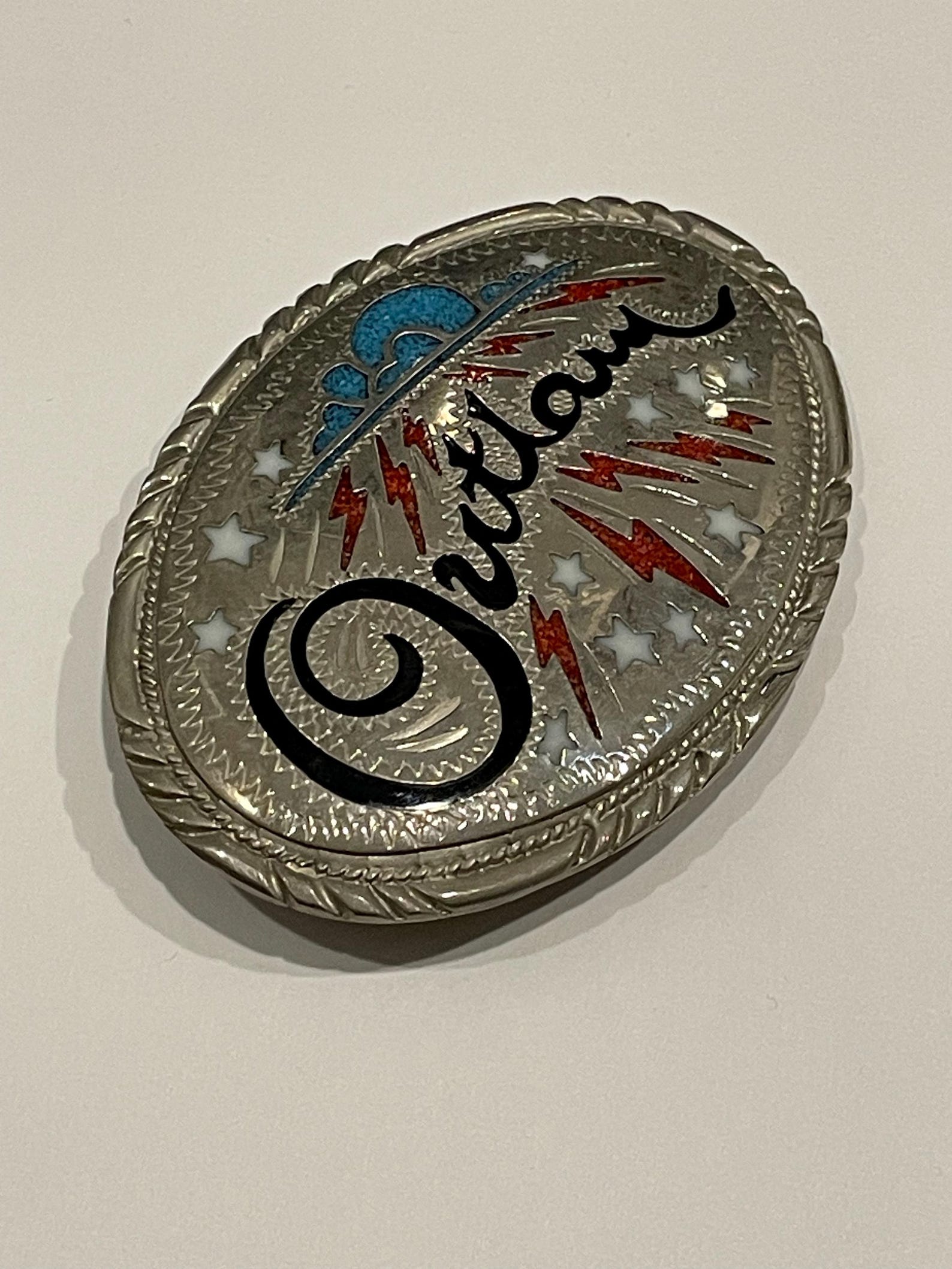 OUTLAW S.S.I. Turquoise Red Coral Inlay Handcrafted Metal Belt Buckle ...