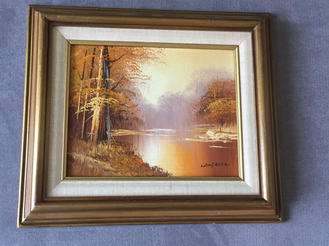 Autumn Pond Landscape Oil on Board Signed Lantrell. Vintage Unique Rare ...