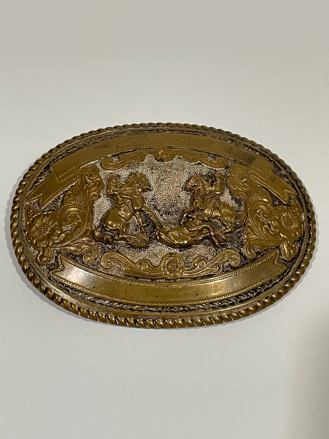 Two Cowboys Lasso Bull Rodeo Crumrine Huge Belt Buckle Silverplate on ...