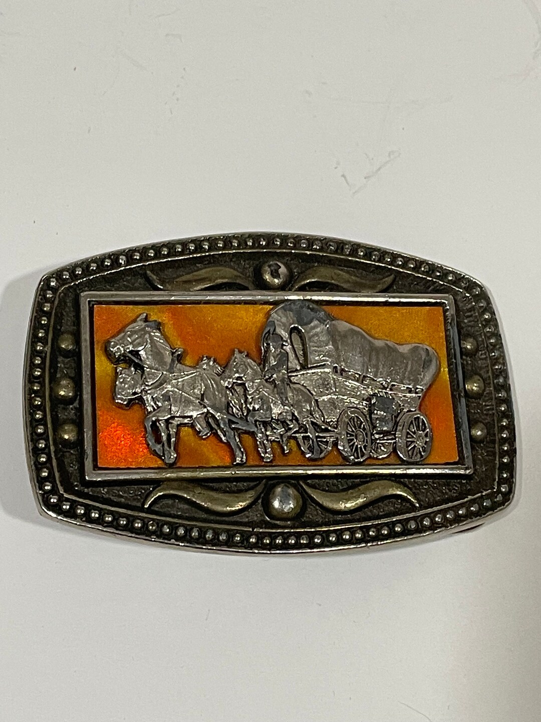 Wagon Horses Orange Background Metal Belt Buckle C II New York VINAGE ...