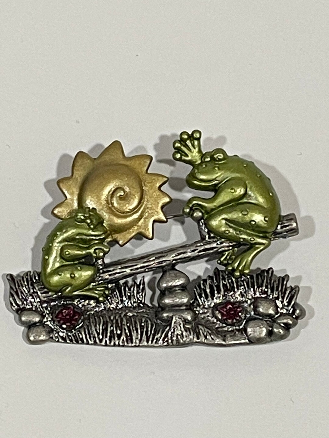 Frogs on Seesaw Enamel Pewter Metal Brooch Pin Signed DD Patricia ...