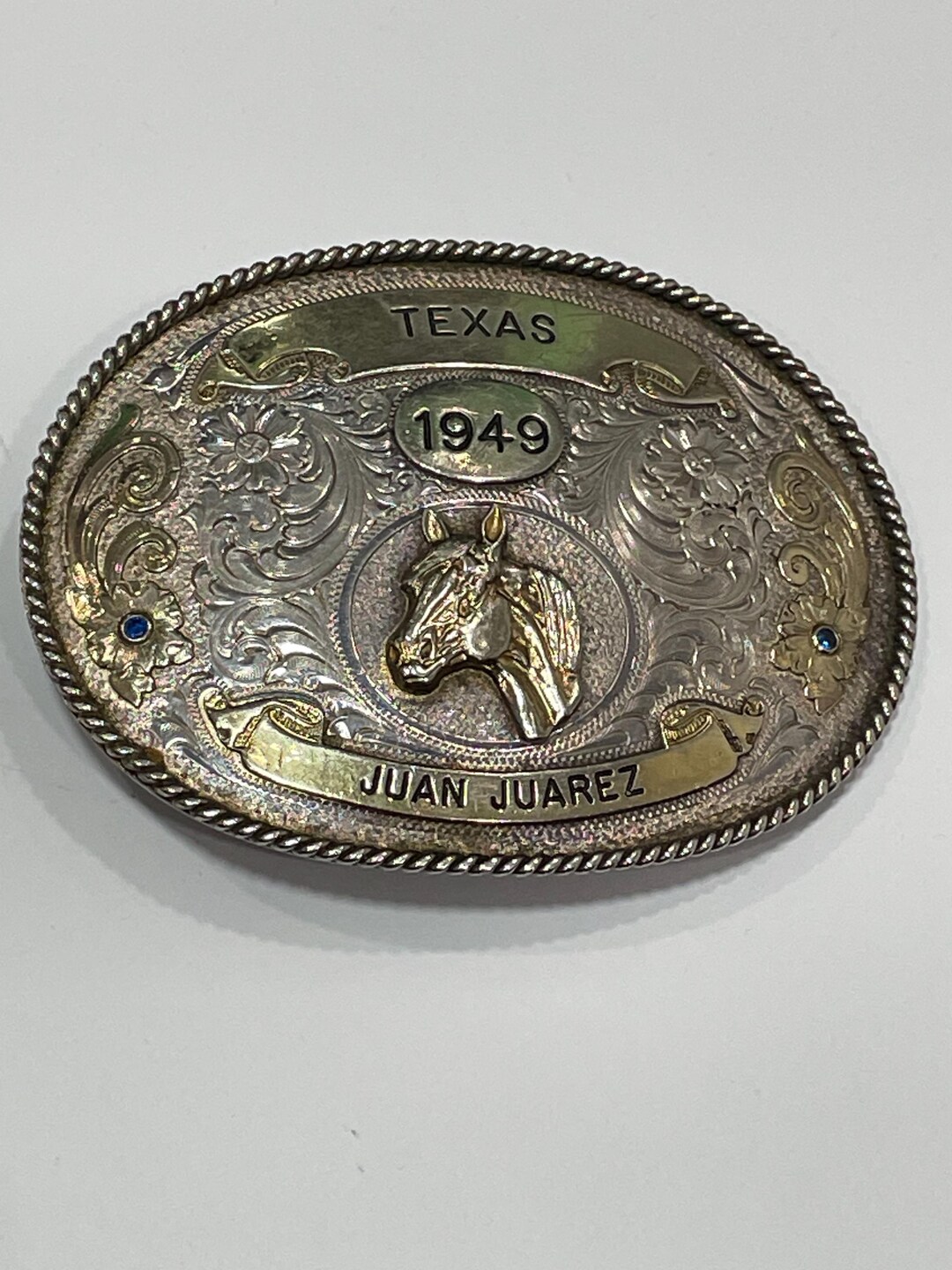 MONTANA SILVERSMITHS TEXAS Horse 1949 Juan Juarez Silver Plates Belt ...