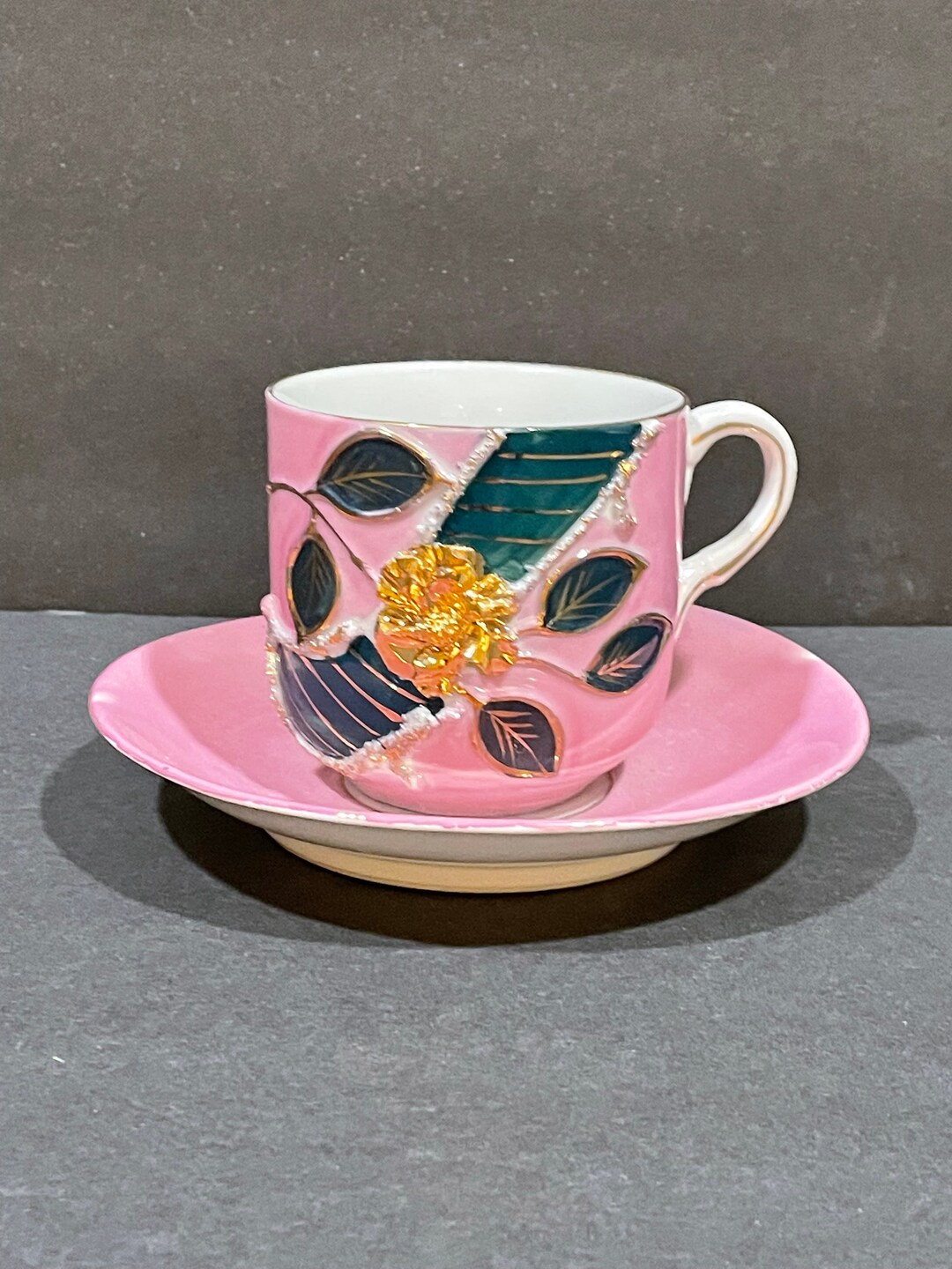 German Lusterware Porcelain Mustache Cup & Saucer Gilded Gold Flower ...