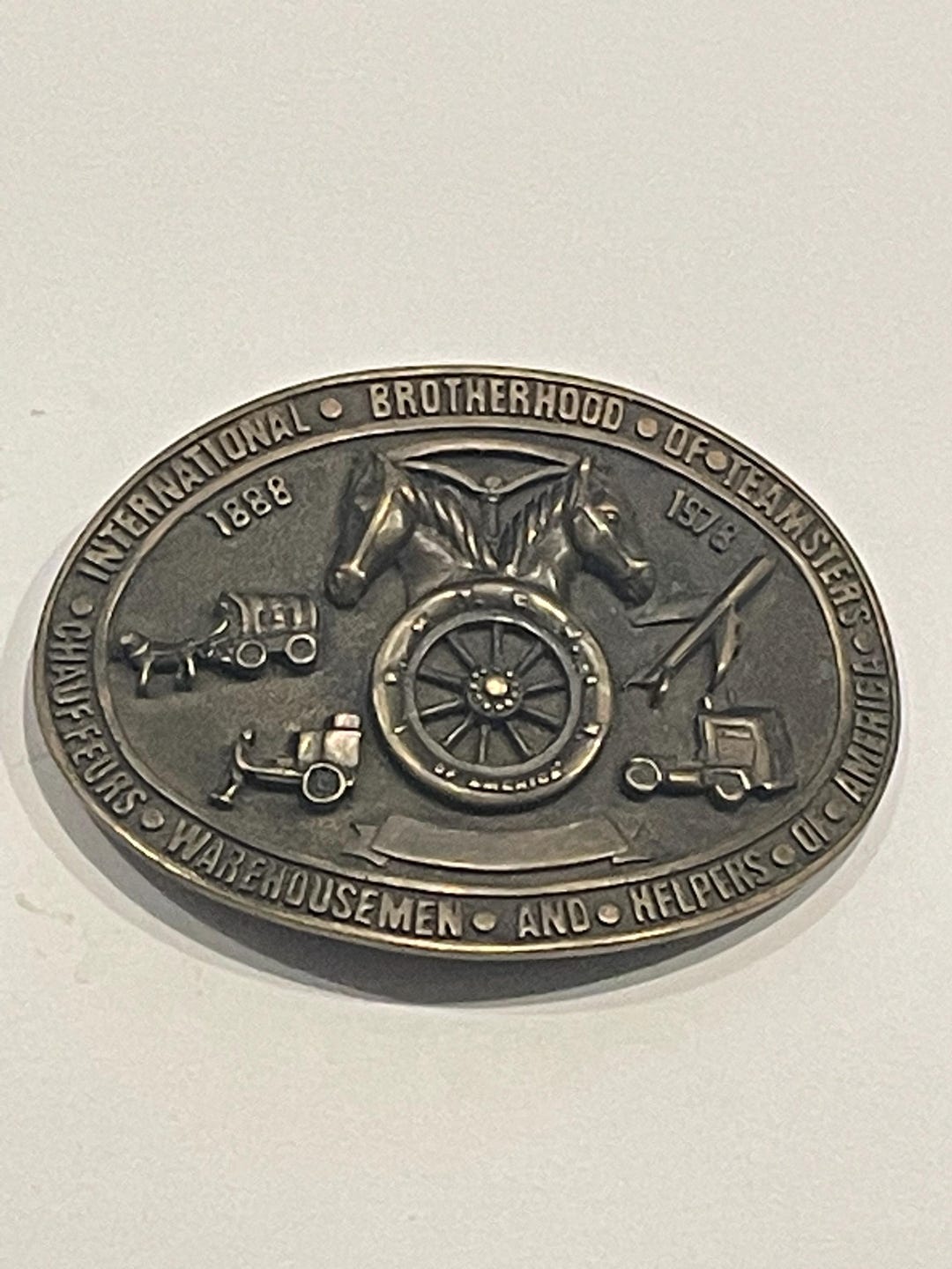 INTERNATIONAL BROTHERHOOD of TEAMSTERS 1888-1977 Brass Belt Buckle Designed Michael Meidna ...