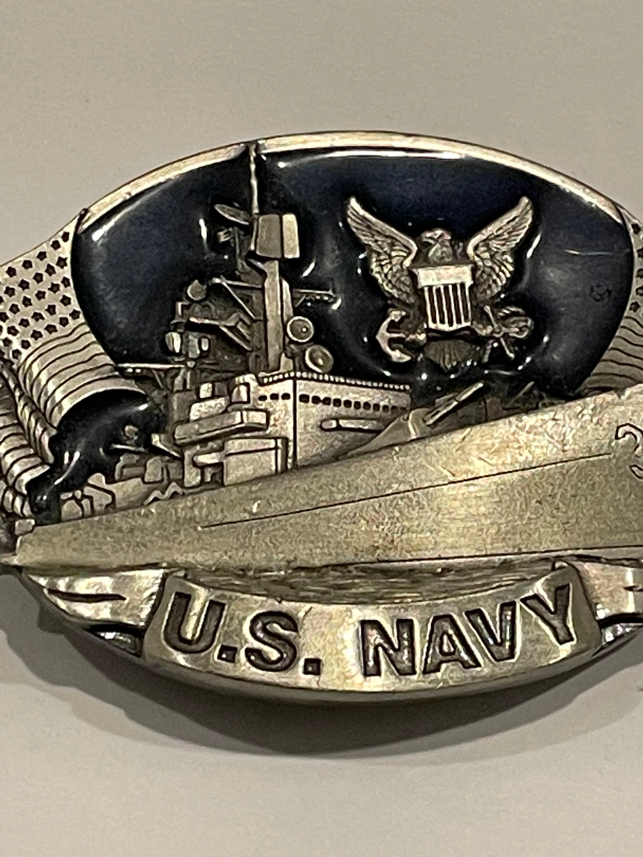 US NAVY Military Ship Bergamot Pewter Enamel Belt Buckle 1987 Vintage ...