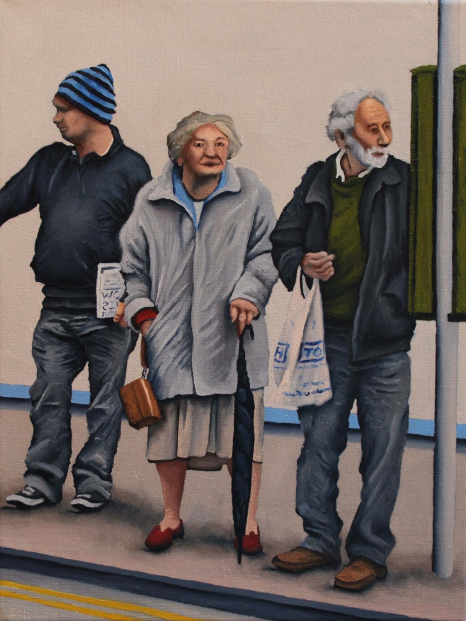 ORIGINAL Elderly Figures Bus Stop Portrait Oil Painting Canvas Wall Art ...