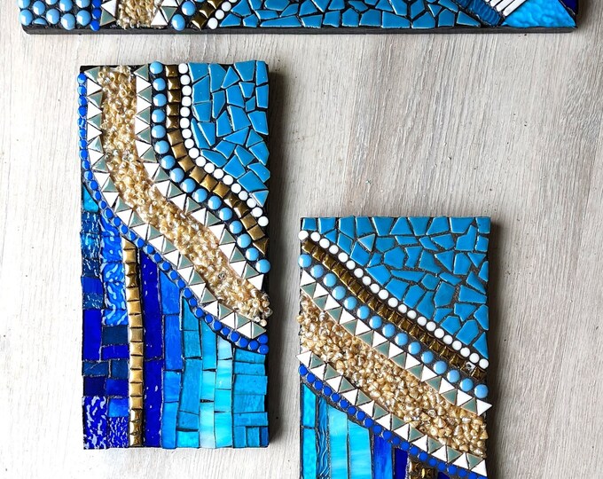 Unique Handmade Glass Mosaic Triptych Wall Art Stained Glass Ceramic Tiles Upcycled Base T