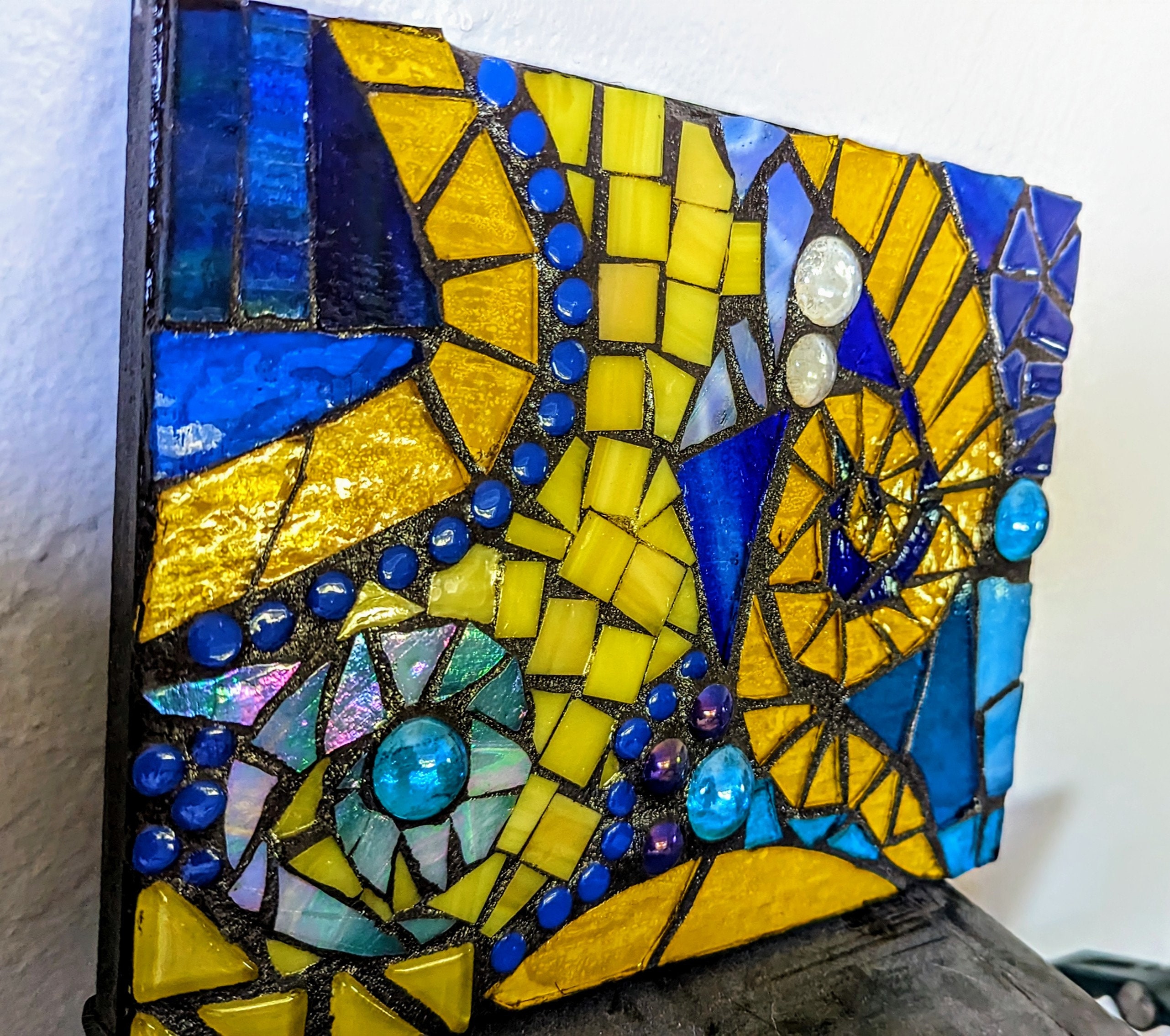 Unique Stained Glass Mosaic Wall Art Handmade Upcycled Wooden Base Glass Tesserae Blue And