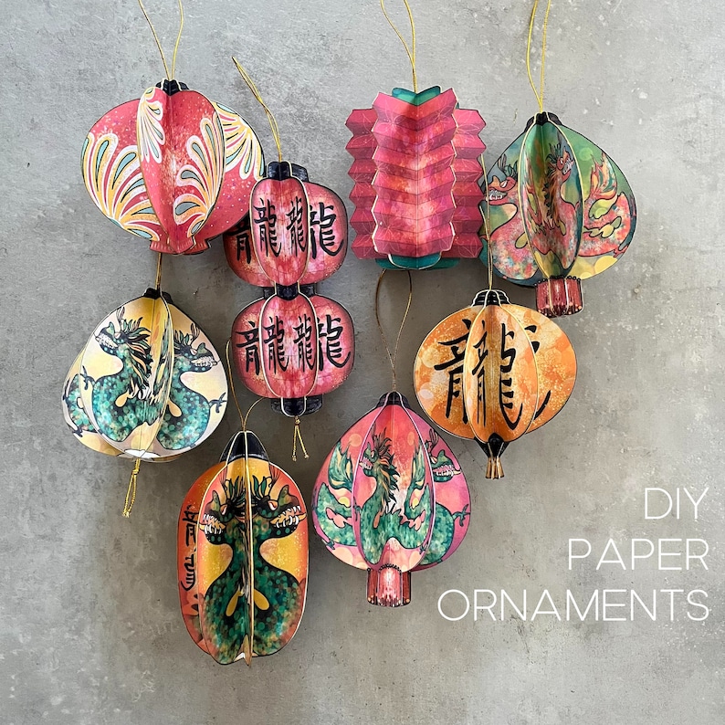 Year of the Dragon 3D Paper Ornaments Set of 8, Lunar New Year Lantern ...