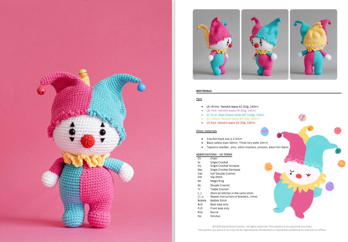 Sad Clown amigurumi Crochet PDF Pattern by Aquariwool | Etsy Canada