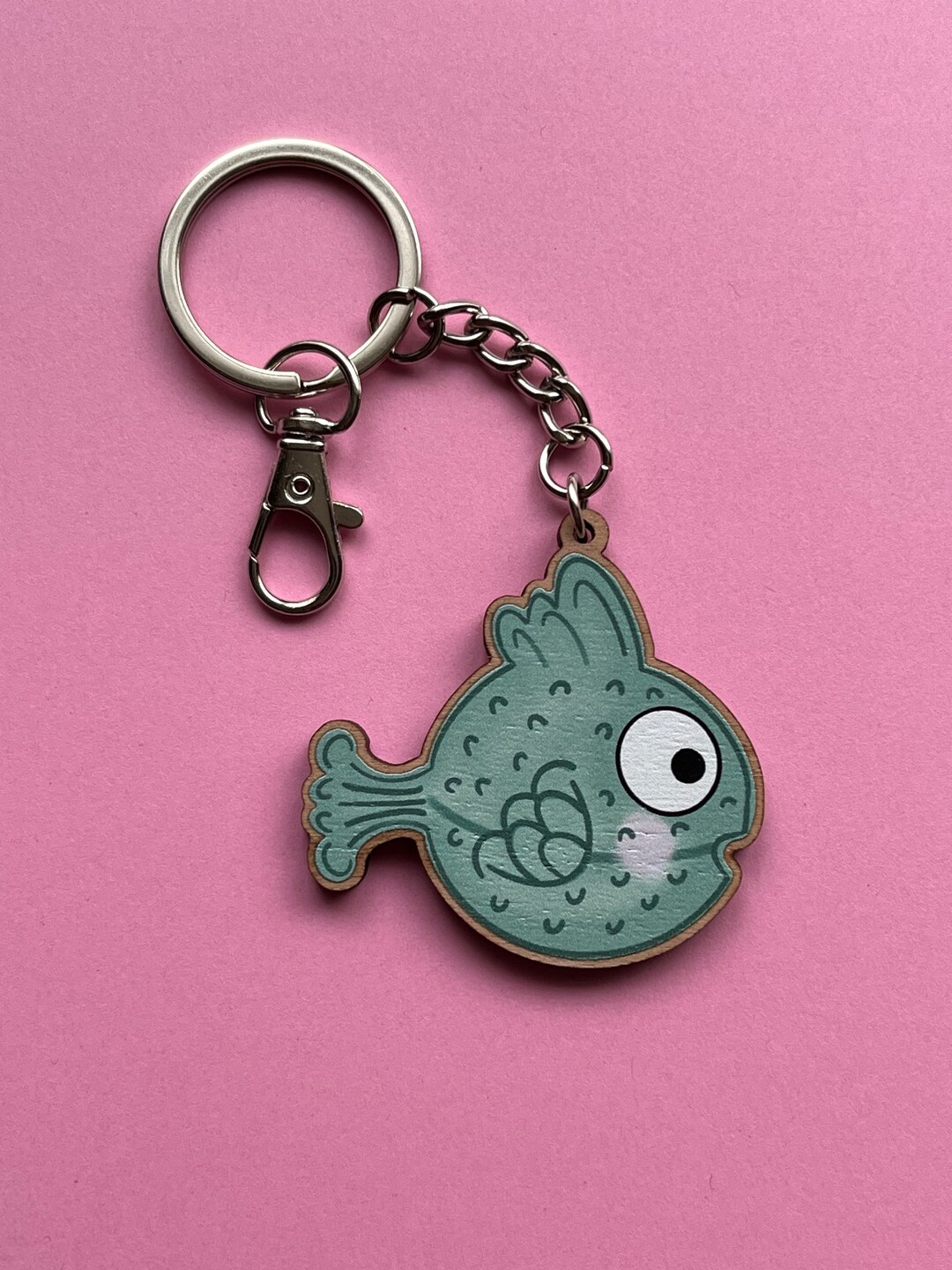 Eco Friendly Wooden Puffer Fish Kawaii Cute Keychain Key Ring Bag Charm ...