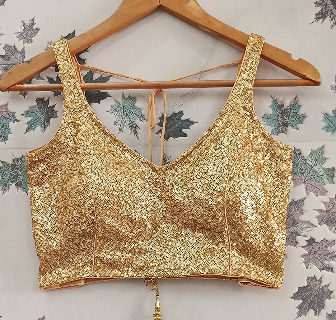 Light Gold Sequin Deep V Neck Saree Blouse Readymade - Saree Top ...