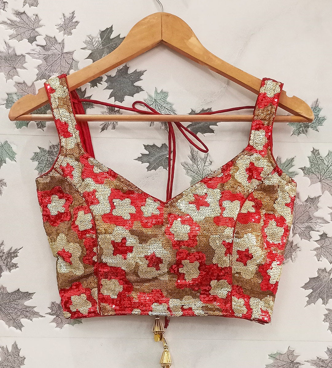 Gold Sequin Saree Blouse Readymade Blouse - Golden & Red Sequin Crop ...