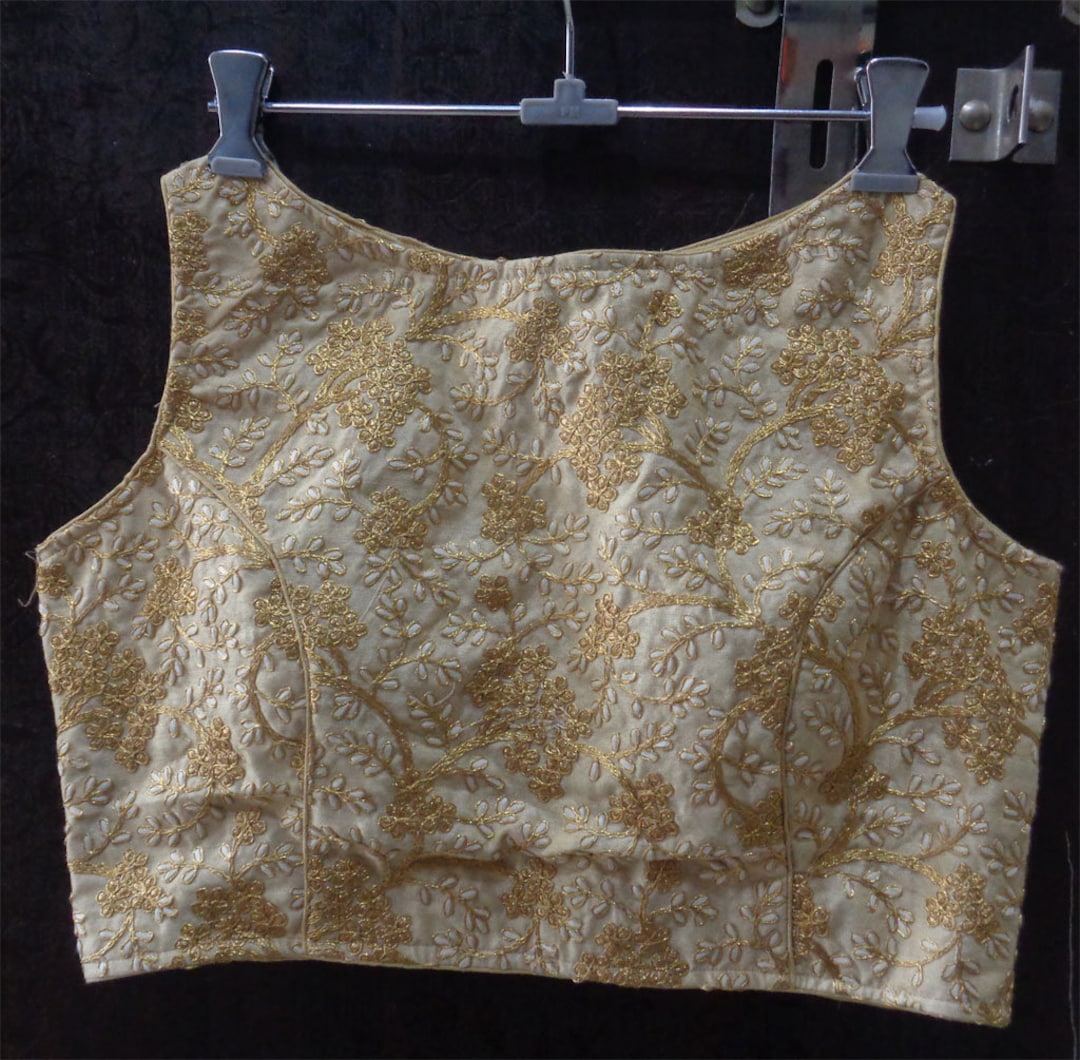 Light Gold Boat Neck Readymade Blouse With Zari Work Floral - Saree ...