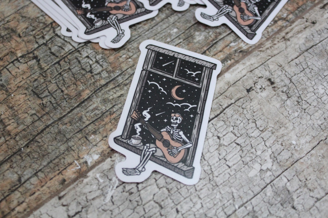 Nighttime Window Skeleton Vinyl Sticker | Guitar Sticker, Coffee ...