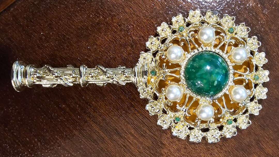 Vintage Sam Fink SF Ornate Faux Turquoise & Pearls Hand Mirror 4 Inch ...