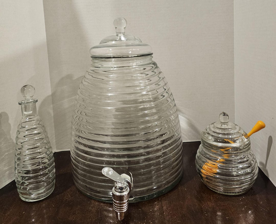 Collection of Three: Vintage Style Glass Beehive Shaped Large Lidded ...