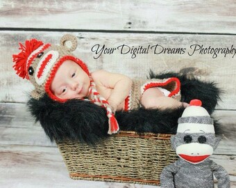 Newborn Sock Monkey Set Photo Prop Crochet Handmade | Etsy