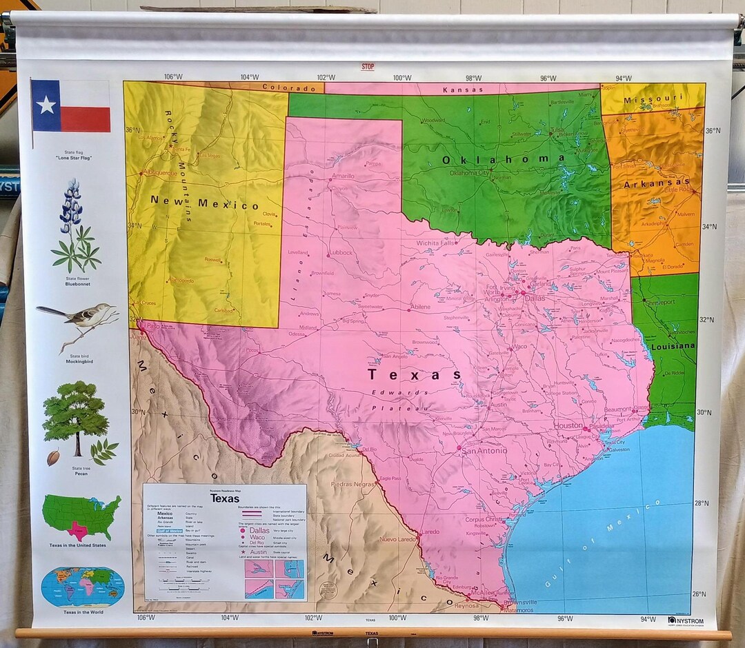 NOS Old School Pull Down TEXAS Wall Map by Nystrom, New-still in ...