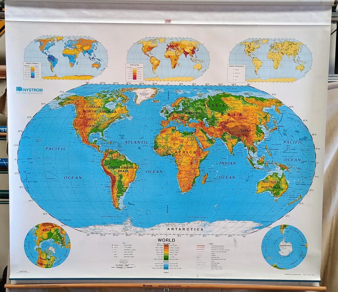 Old School Pull Down US & World Wall Map by Nystrom, USED With Good Mechanism, 2-page Wall Map ...