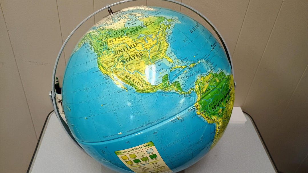 Old School LAND COVER Globe by Nystrom, Double Axis Grey Metal Stand ...