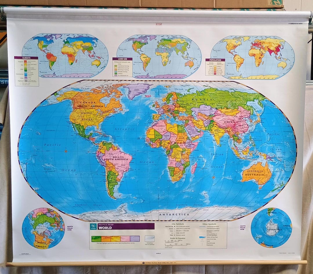 Old School Pull Down WORLD Wall Map by Nystrom, New-old Stock in Box ...
