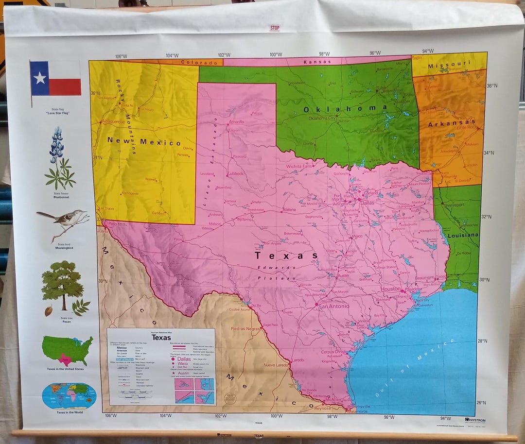 Old School Pull Down TEXAS Wall Map by Nystrom, NO Wall Bracket, Single ...