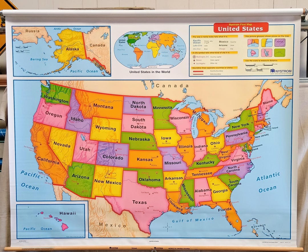 Old School Pull Down Texas, US & World "first Map" Wall Map by Nystrom, USED With Good Mechanism ...